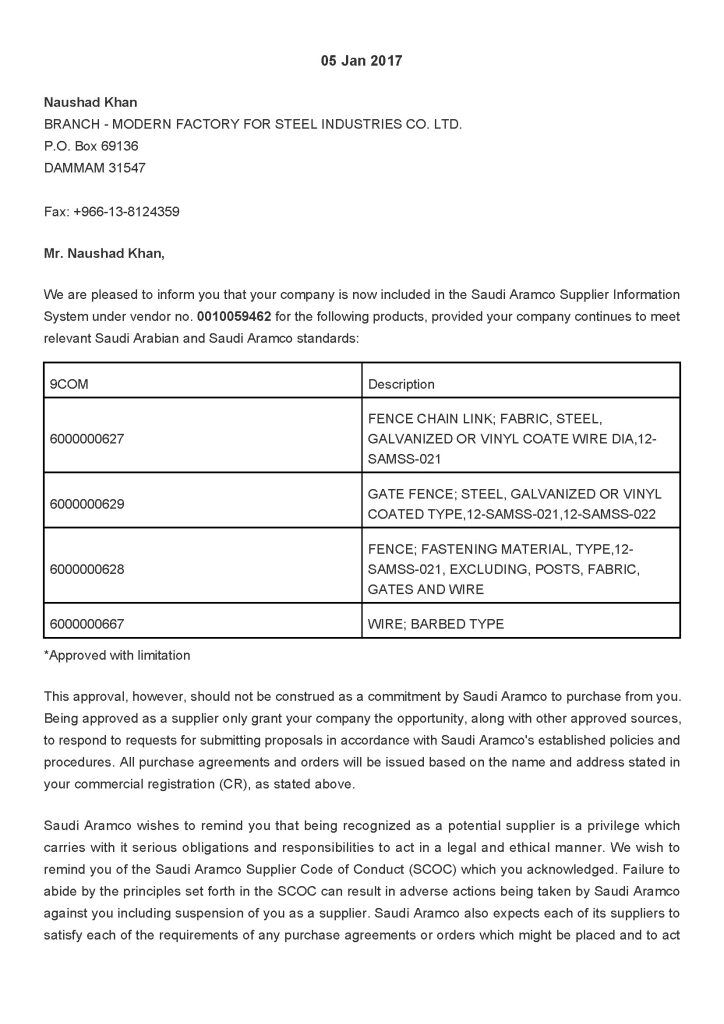 Certifications - Modern Factory for Steel Industries Co. Ltd.