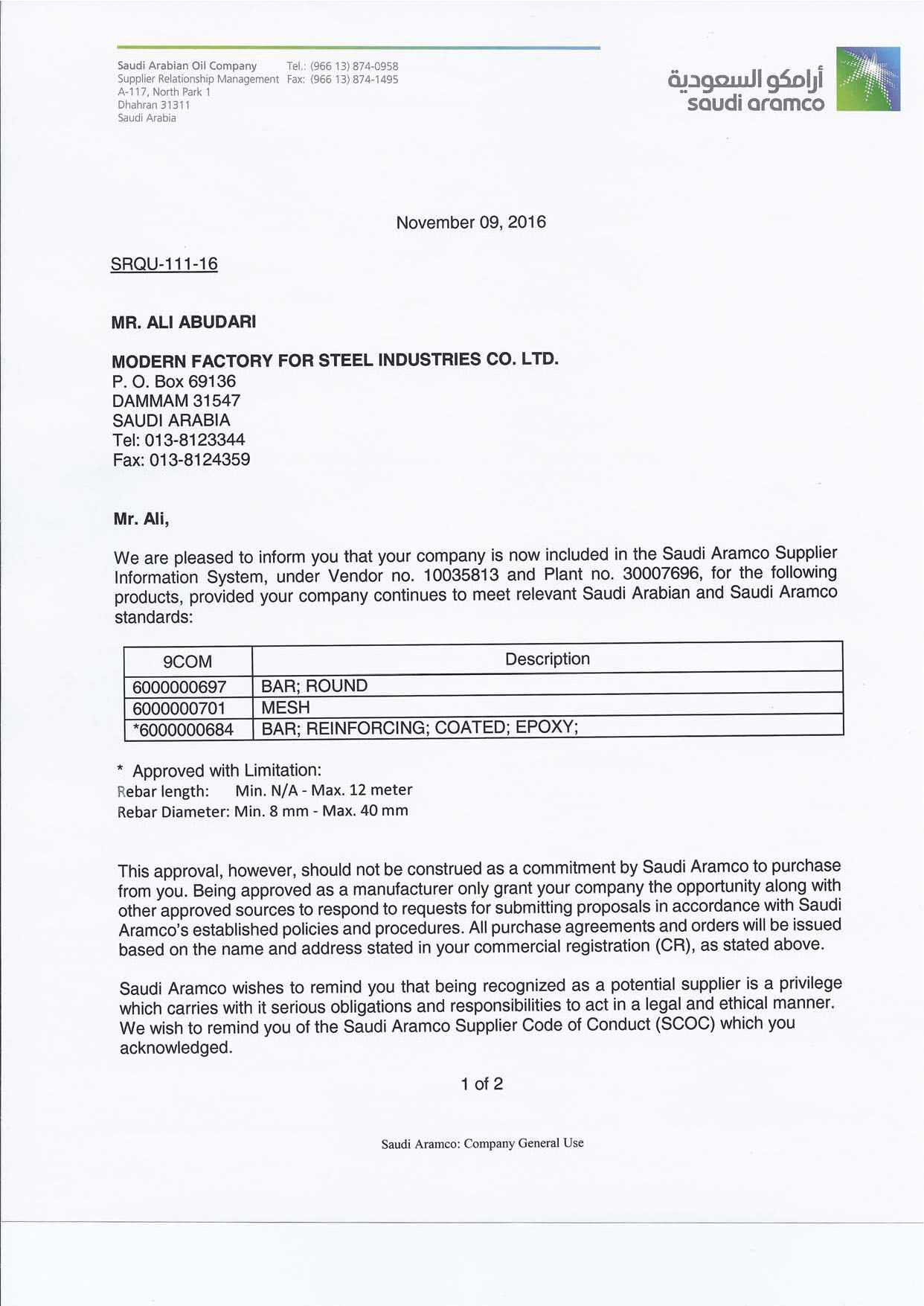 Certifications - Modern Factory for Steel Industries Co. Ltd.